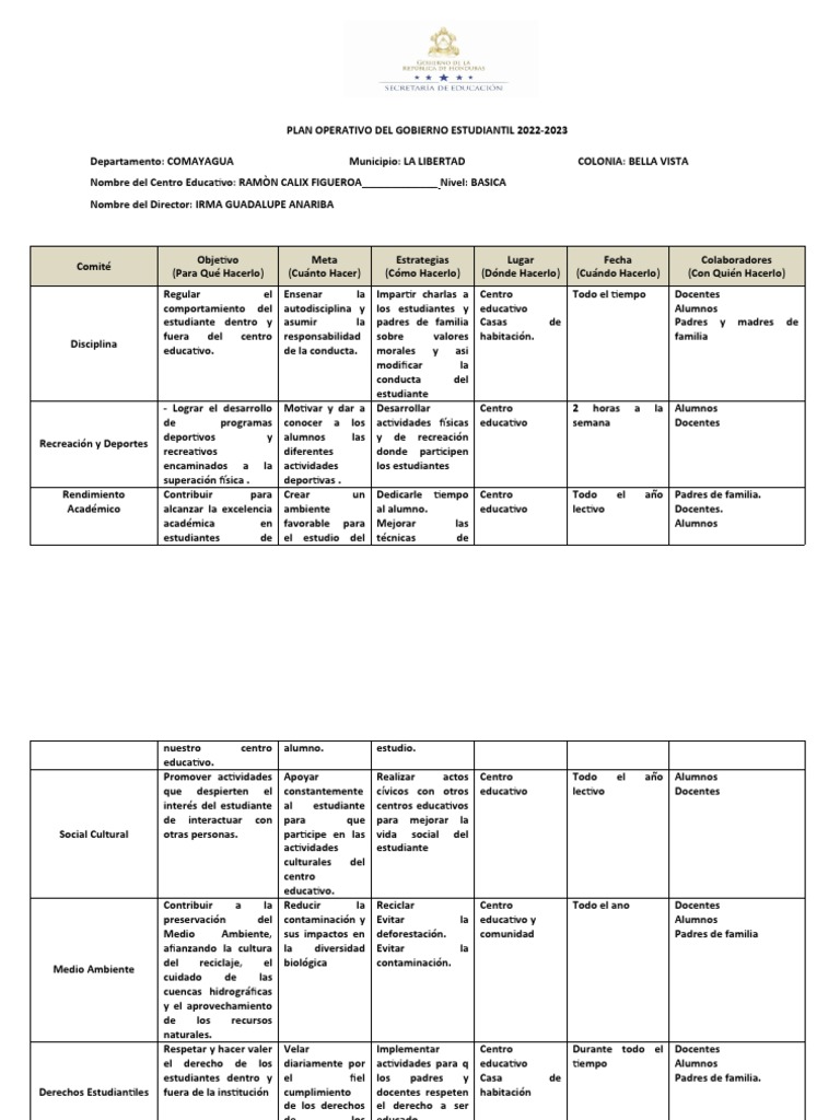 Plan Operativo Gobierno Estudiantil 2022-2023 | PDF