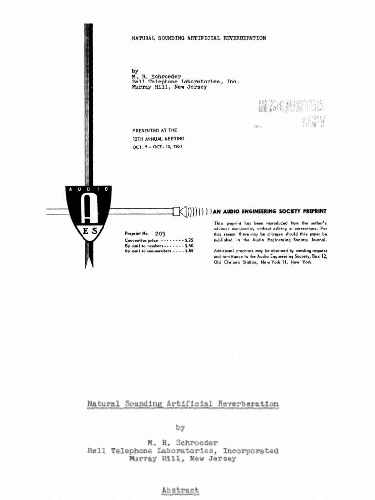 Natural Sounding Artificial Reverberation Manfredscrhoeder Pdf Signal Processing