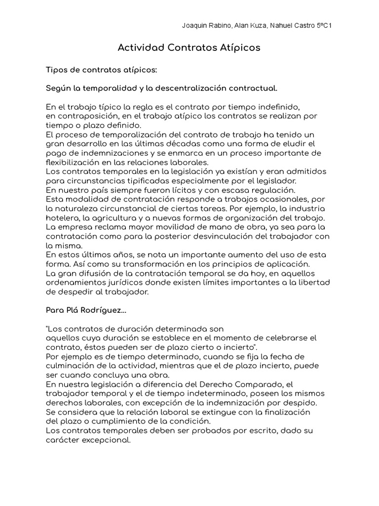 Actividad Contratos Atípicos: Tipos de Contratos Atípicos: Según La ...