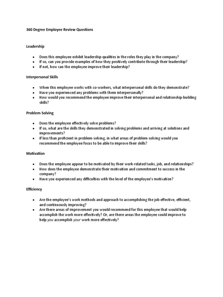 Sample 360 Degree Employee Review Questions Template | PDF