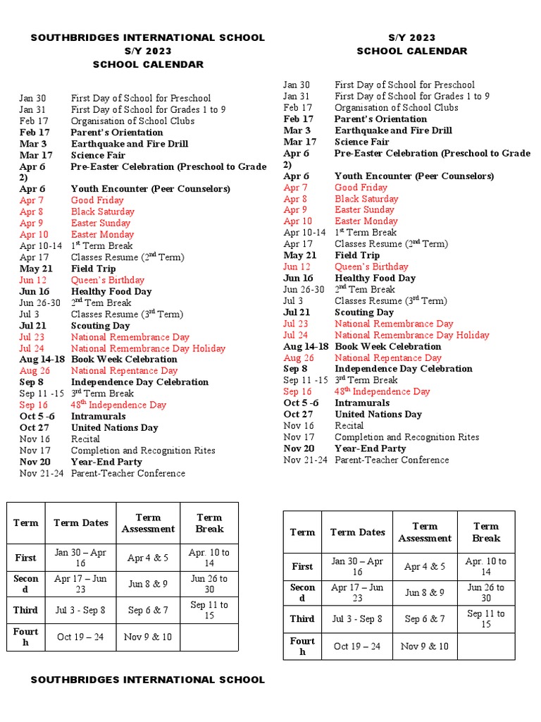 School Calendar 2023 | PDF | Easter | Holidays