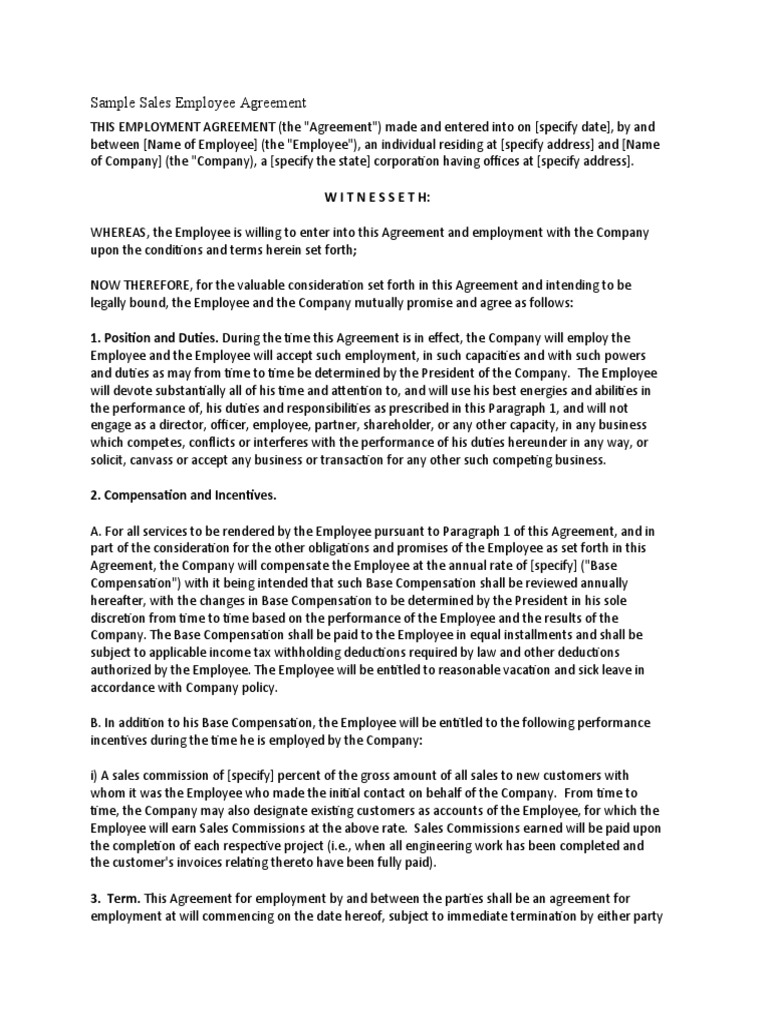 Sample Sales Employee Agreement Template - Base + Commission | PDF ...