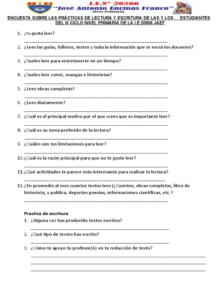Encuesta sobre Lectura y Escritura en Primaria | PDF | Relaciones ...