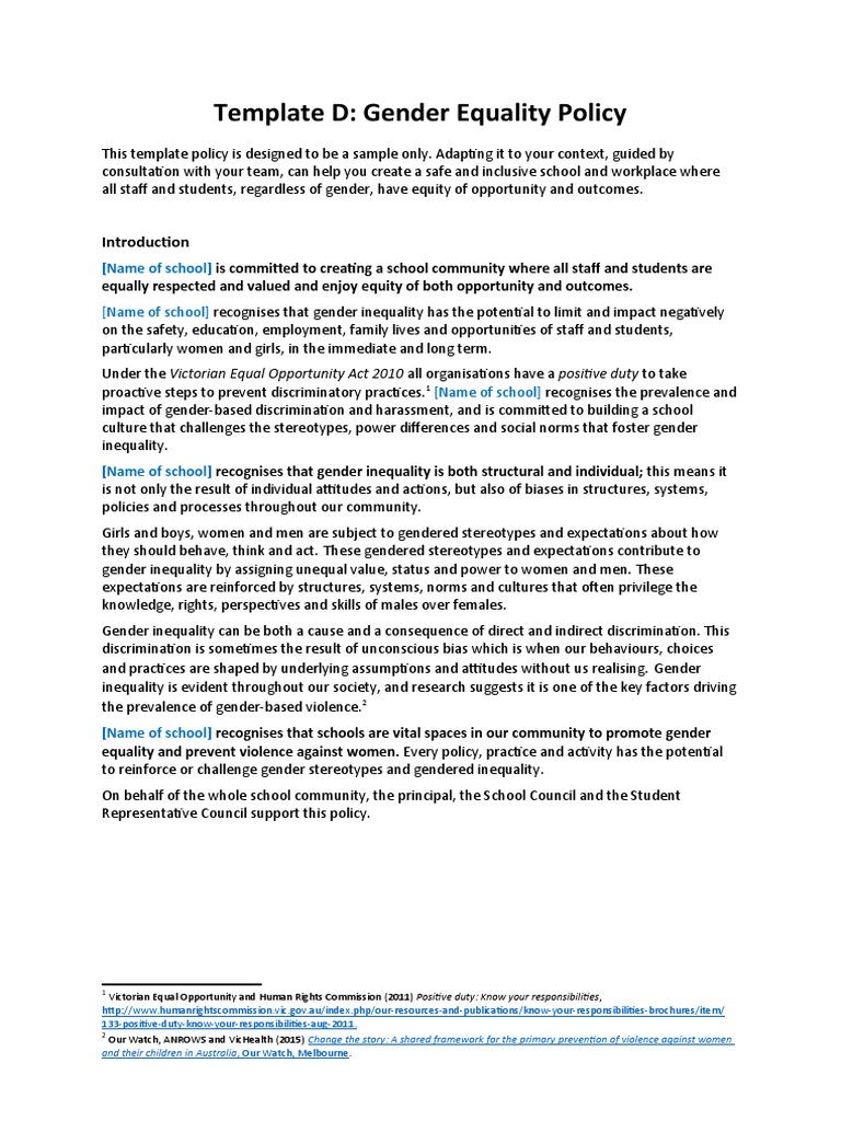 Template D Gender Equality Policy | PDF | Equal Opportunity | Sexism