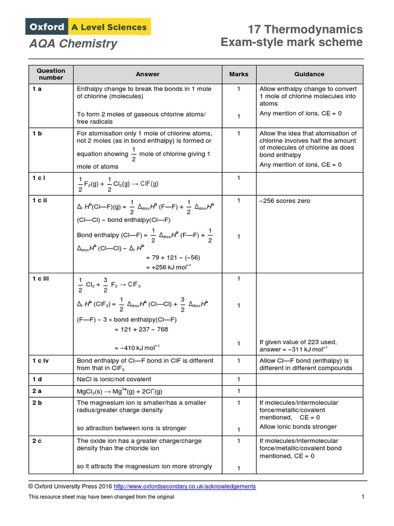 AQA Chemistry: 17 Thermodynamics Exam-Style Mark Scheme | PDF | Ionic Bonding | Chemical Bond