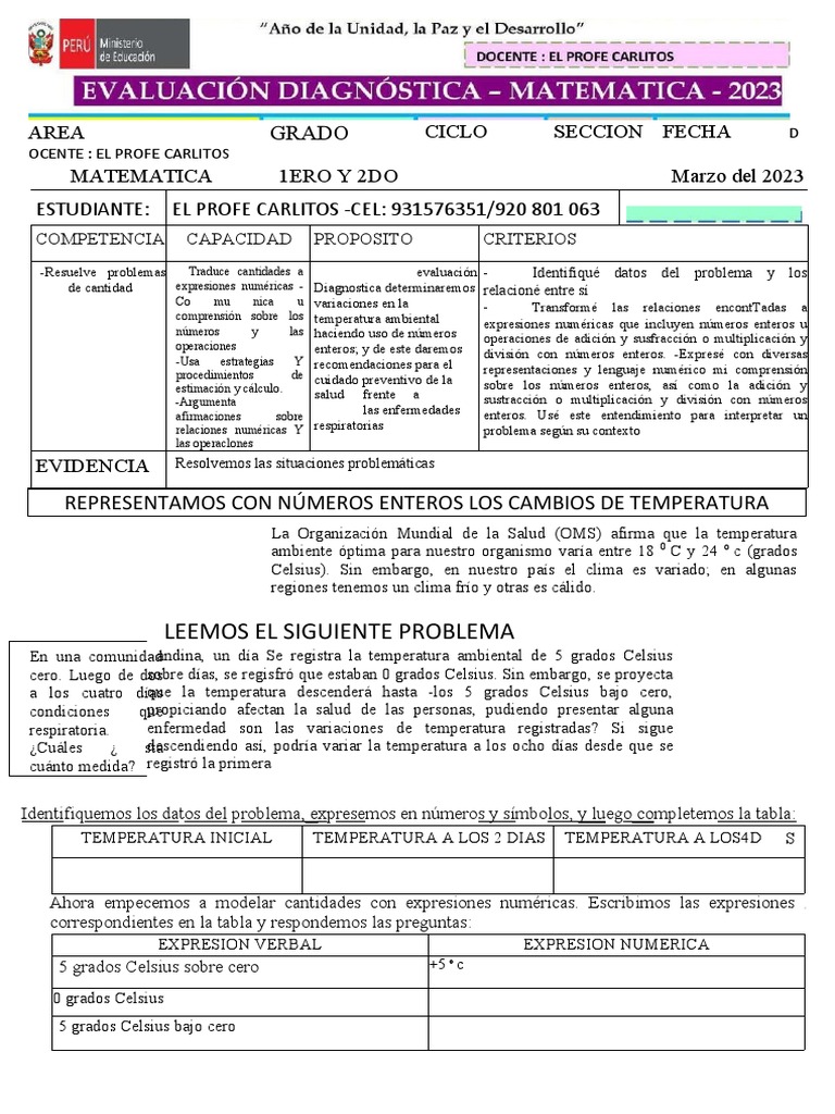 Evaluacion Diagnostica - 1ero y 2do Grado-Matematica - 00001 | PDF | Temperatura | Evaluación