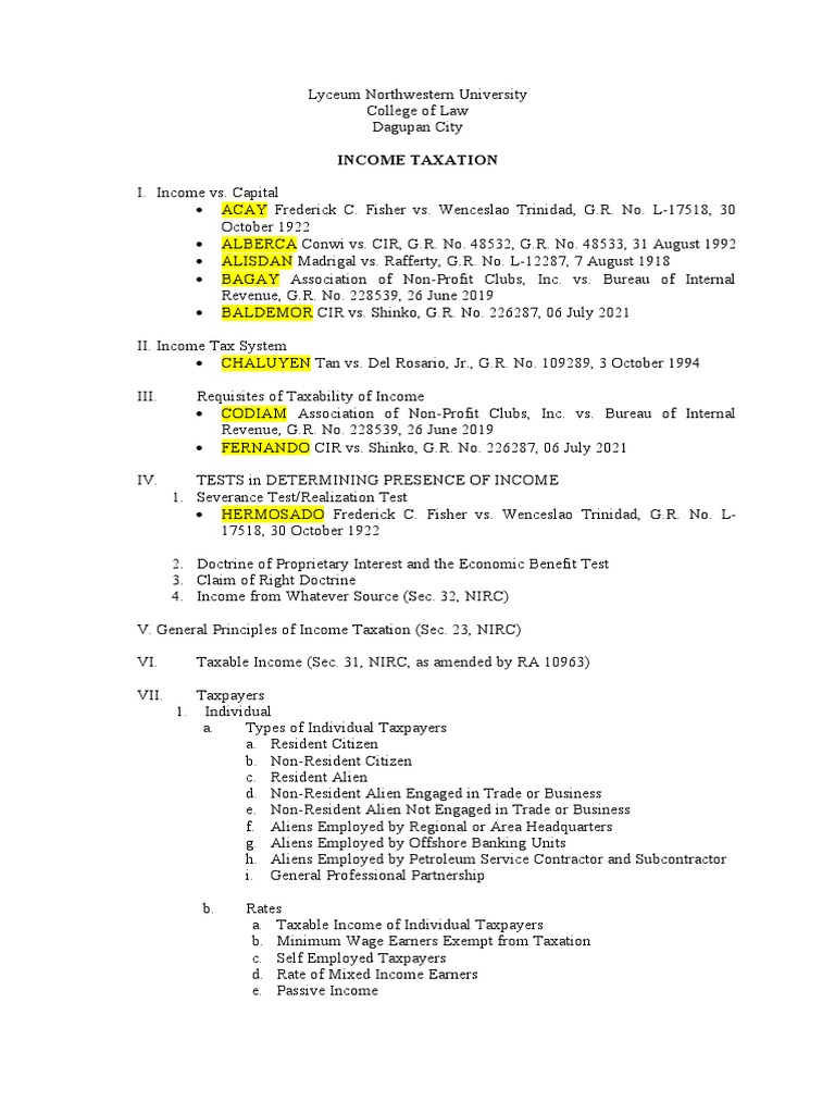 Tax Rev Income Tax Syllabus With Assignment of Caeses | PDF | Income ...