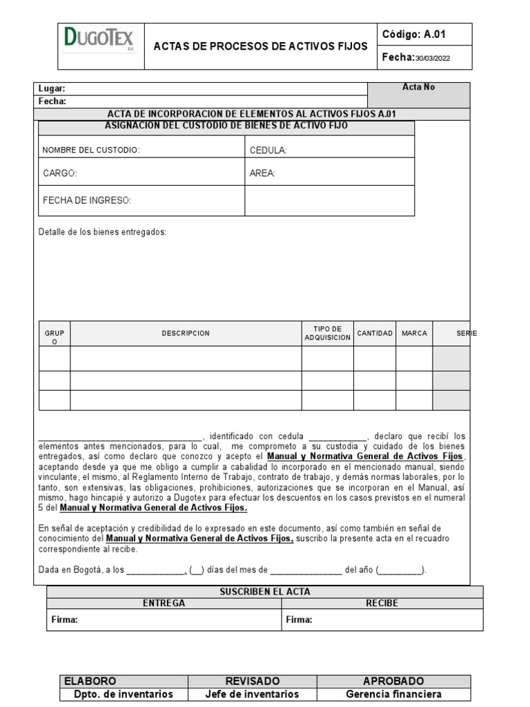 Acta Ingreso de Activos Fijos | PDF | Gobierno
