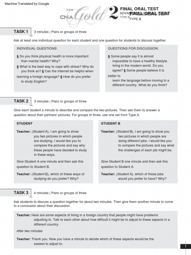 Advanced 2 Type B Oral Test Guide | PDF | Teachers | Cognition