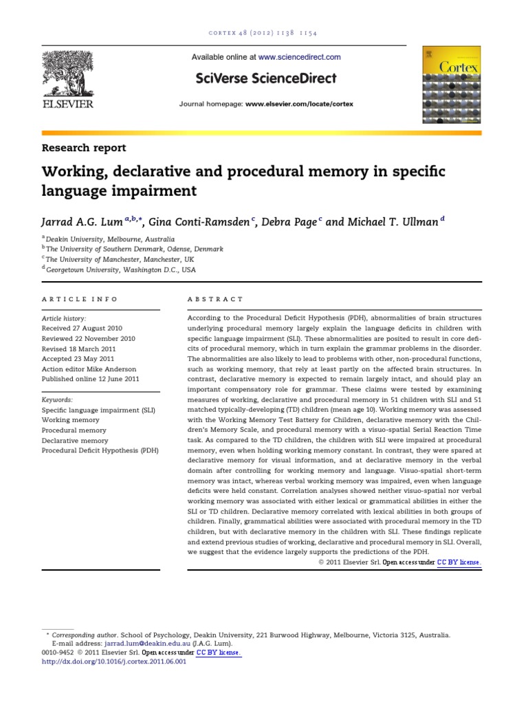 Working, Declarative and Procedural Memory in Specific Language ... Working, Declarative and Procedural Memory in Specific Language ...