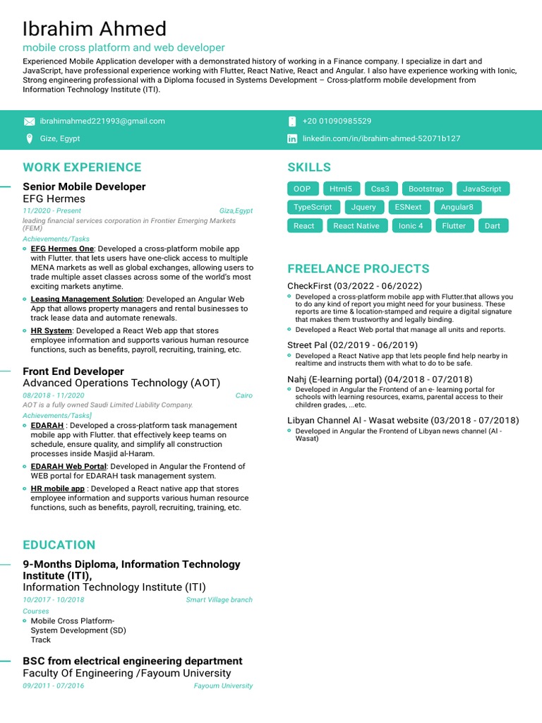 Ibrahim Ahmeds Resume | PDF | Mobile App | Cross Platform Software