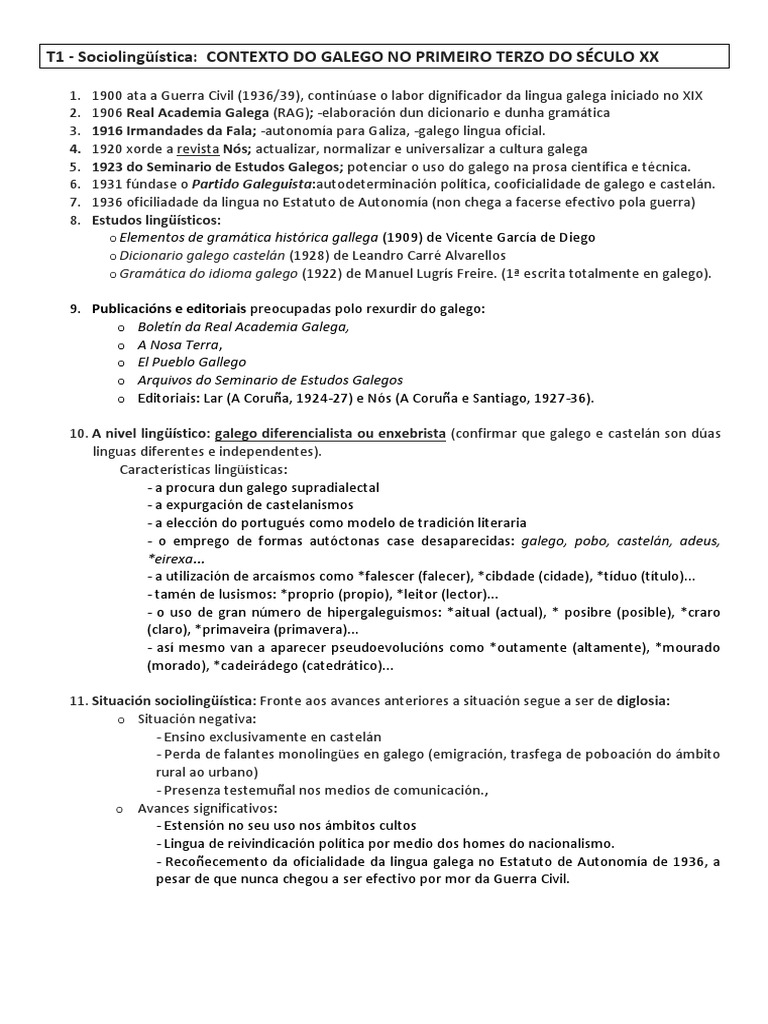 1T Esquema O GALEGO NO PRIMEIRO TERZO S XX | PDF
