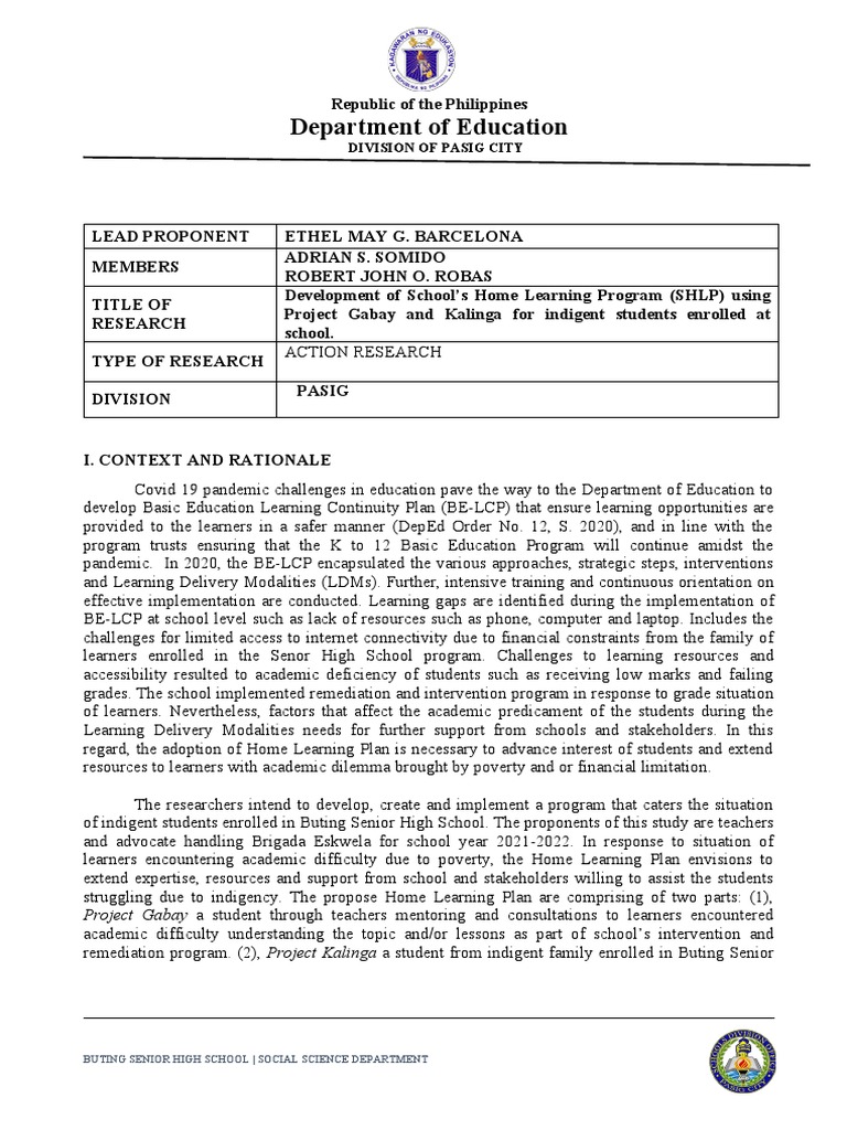 Developing a Home Learning Program for Indigent Students | PDF ...