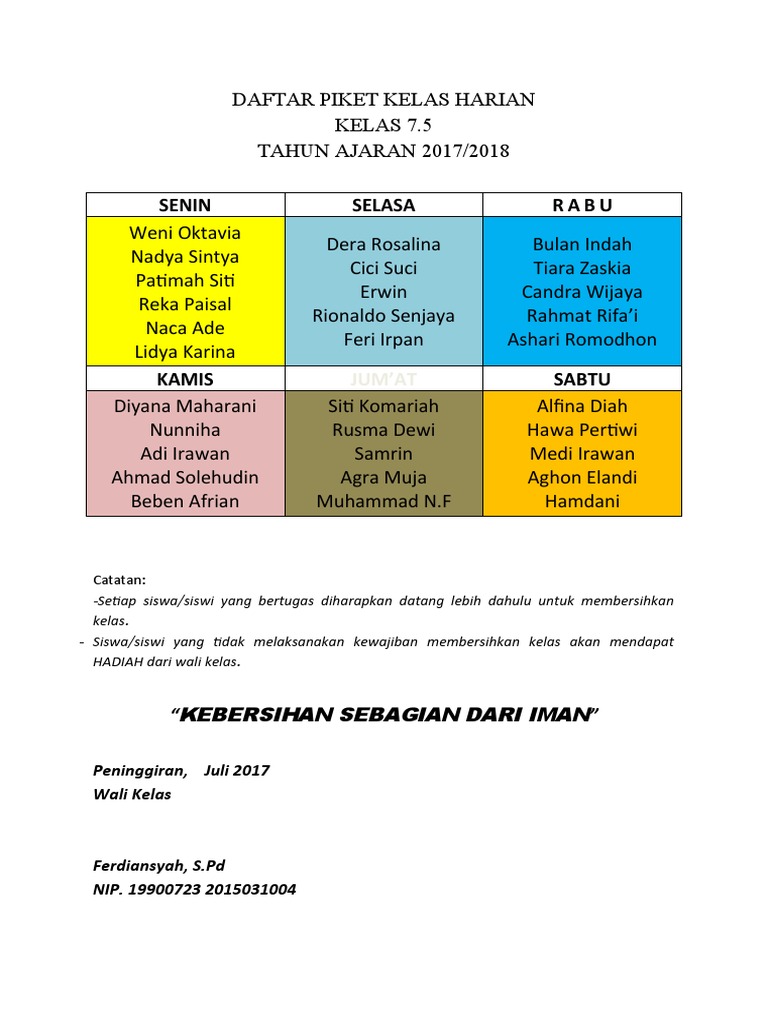 Daftar Piket Kelas Harian 7.5 | PDF