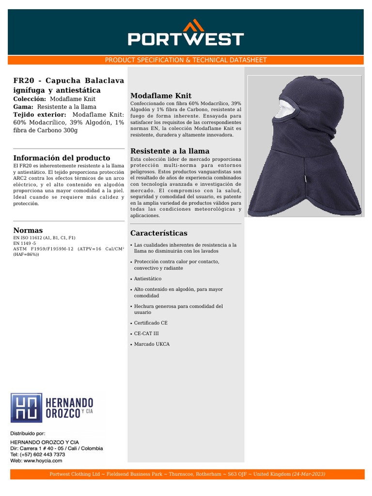 FR20 - Capucha Balaclava Ignífuga y Antiestática Modaflame Knit | PDF ...
