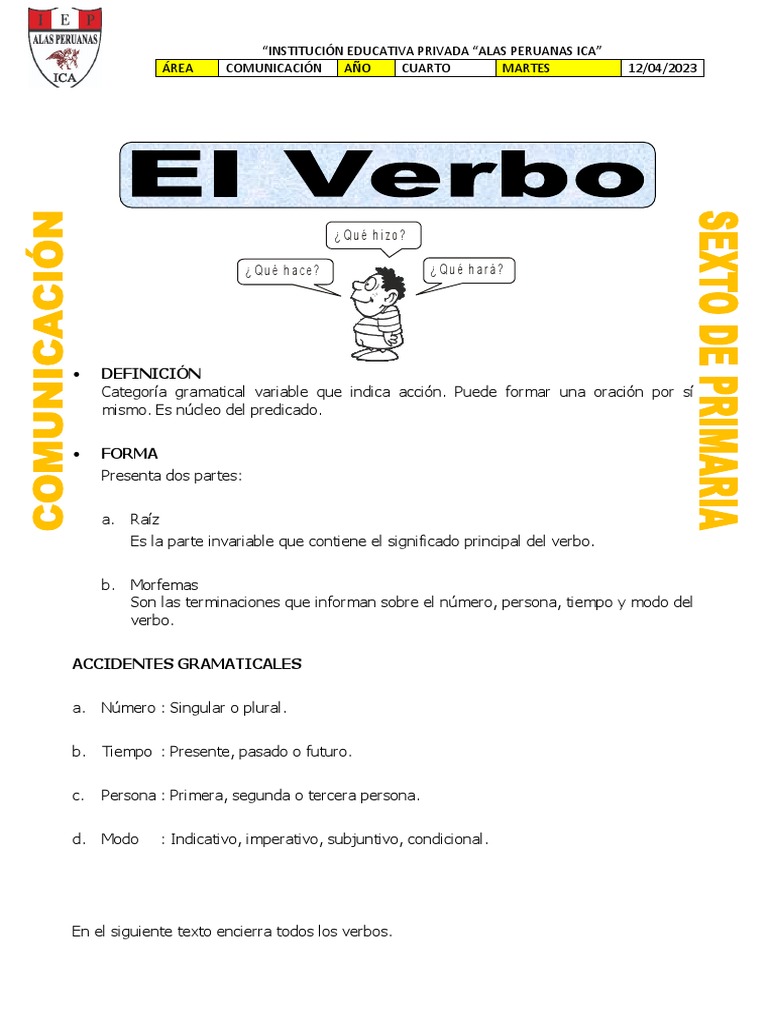 Ficha Verbos para Sexto de Primaria | PDF | Verbo | Conjugación gramatical