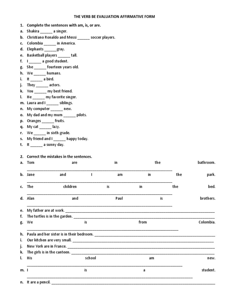 The Verb Be Evaluation Affirmative Form | PDF | Language Arts ...
