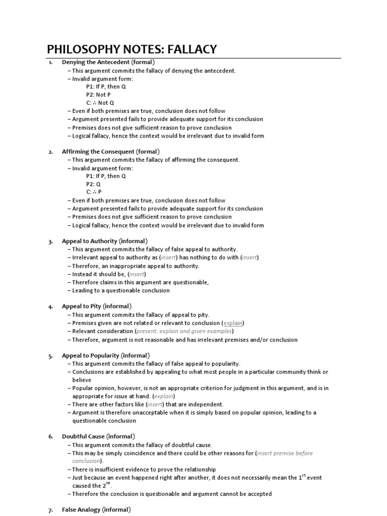 Philosophy Notes Argument Fallacy