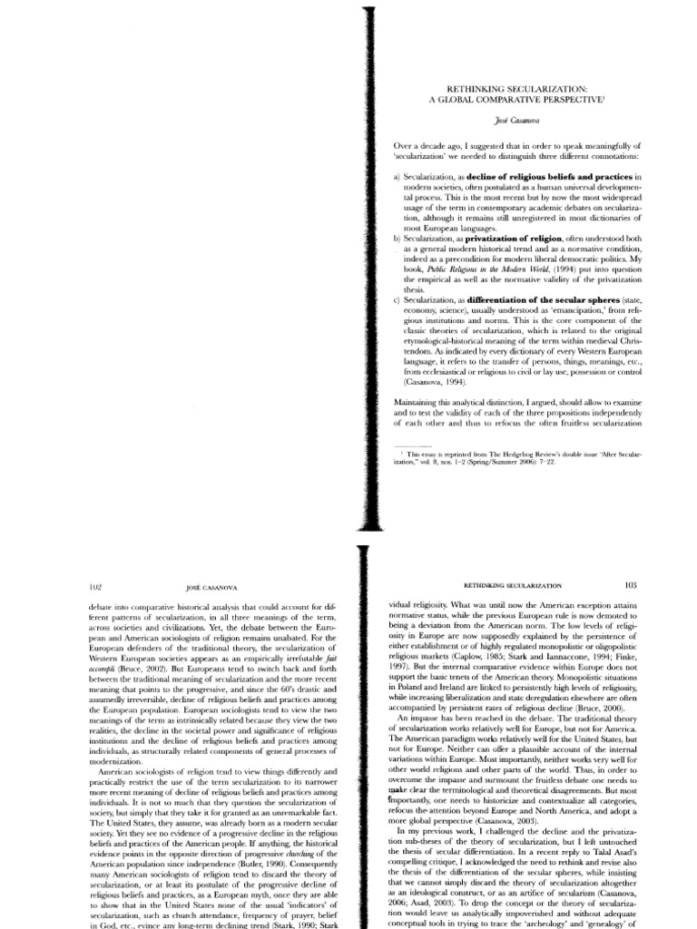 Casanova Rethinking Secularization Global Comparative Perspective | PDF