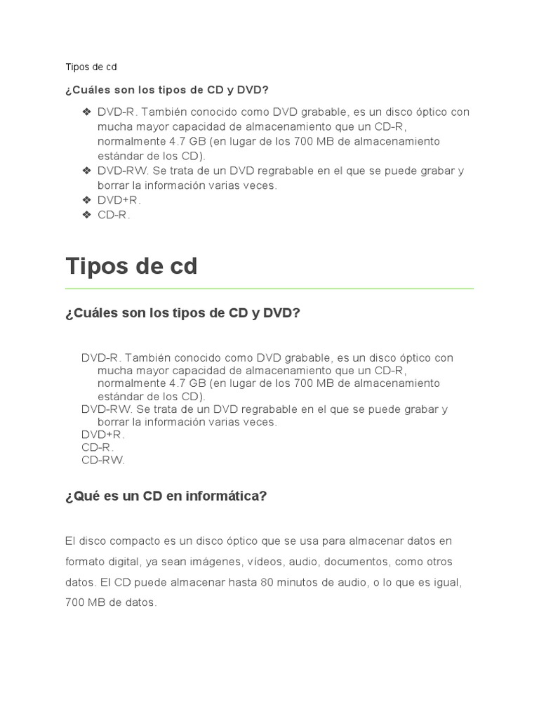 Tipos y capacidades de CD y DVD | PDF | CD ROM | Disco compacto