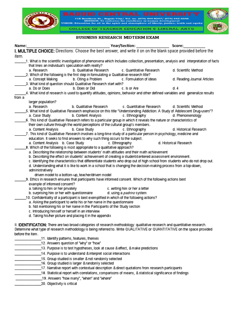 I. MULTIPLE CHOICE: Directions: Choose The Best Answer, and Write It On On The Blank Space ...