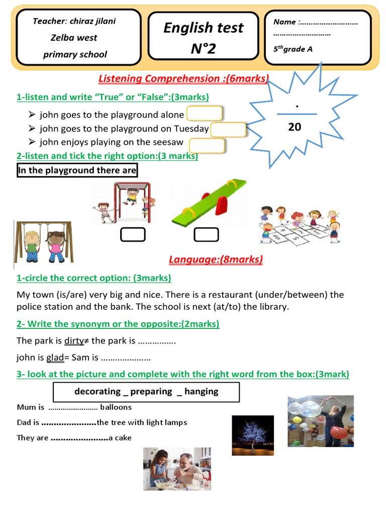 English Test N°2: Listening Comprehension: (6marks) | PDF