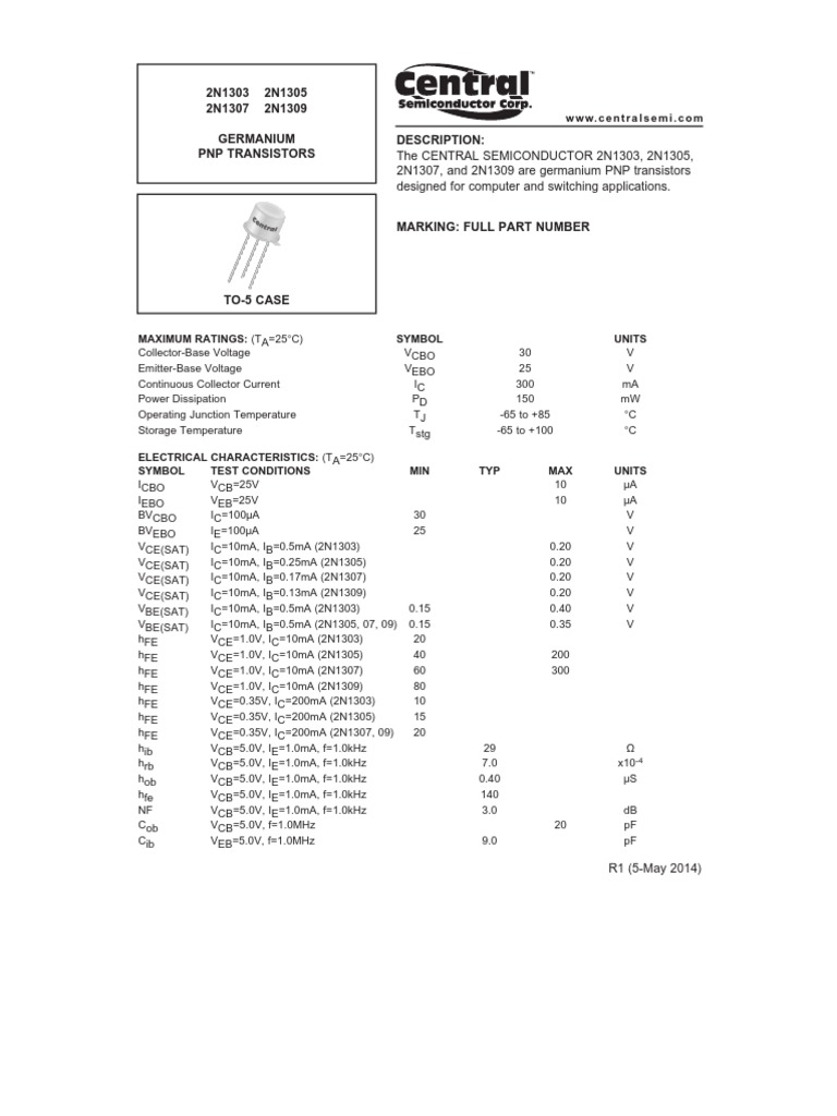 Specification Sheet for Central Semiconductor's Line of Germanium PNP ...