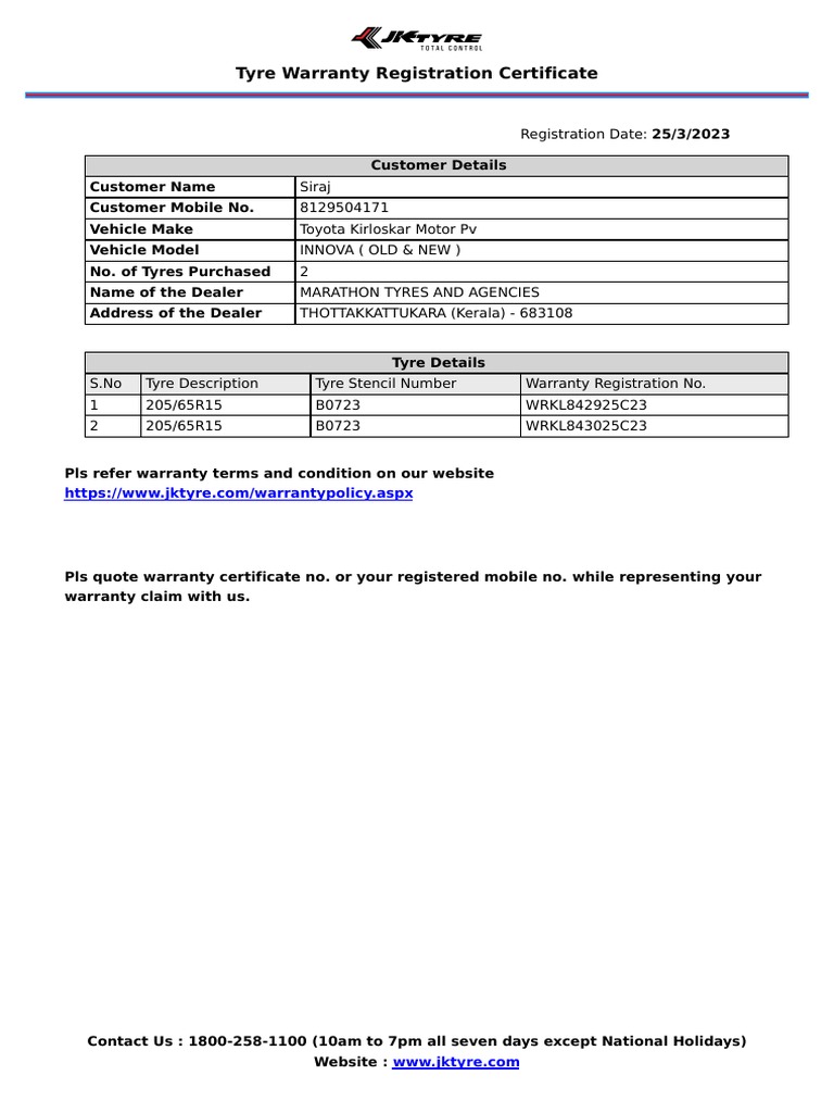 Tyre Warranty Registration Certificate | PDF | Business | Finance ...