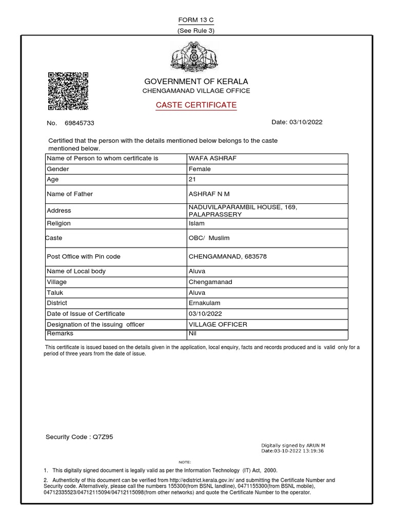 Government of Kerala: Caste Certificate | PDF