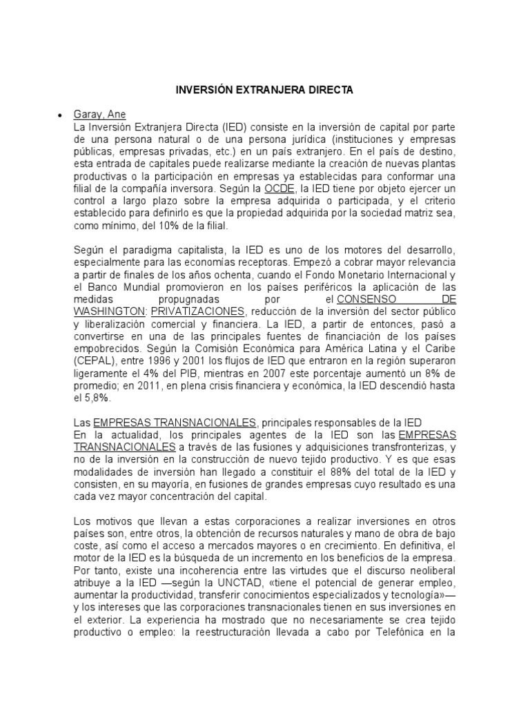 Impacto de la IED en Economías Receptoras | PDF | La inversión ...