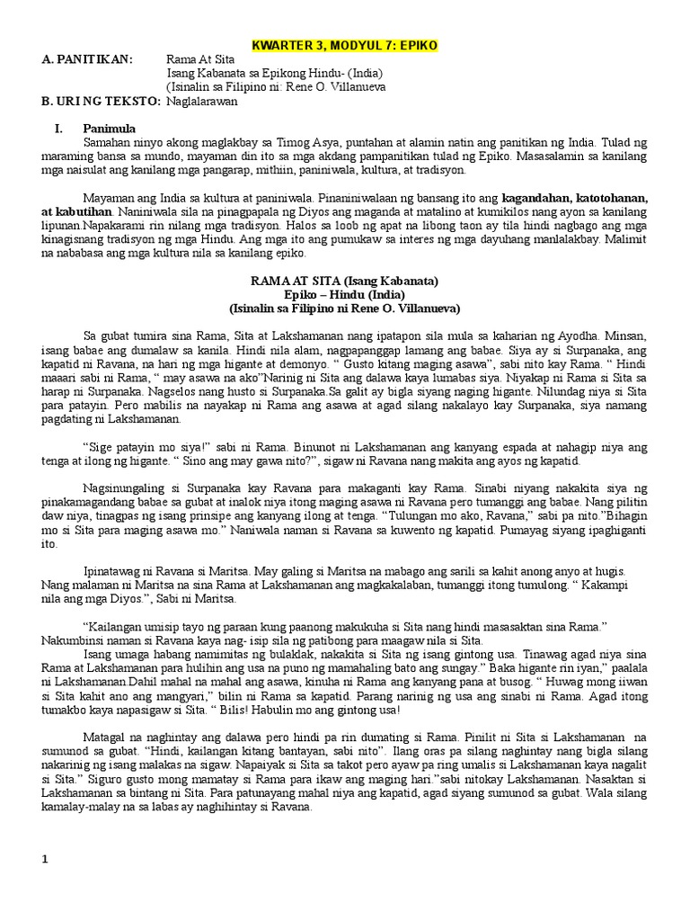 Kwarter 3, Modyul 7: Epiko | PDF