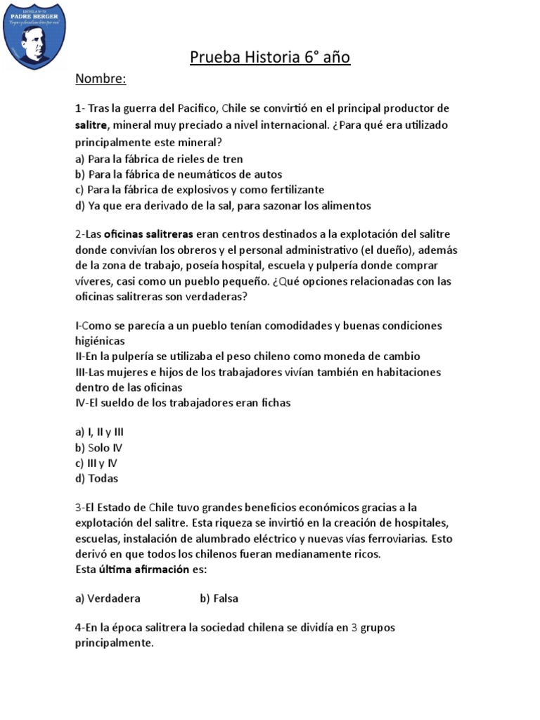 Prueba Historia 6 | PDF | Chile | Desigualdad social