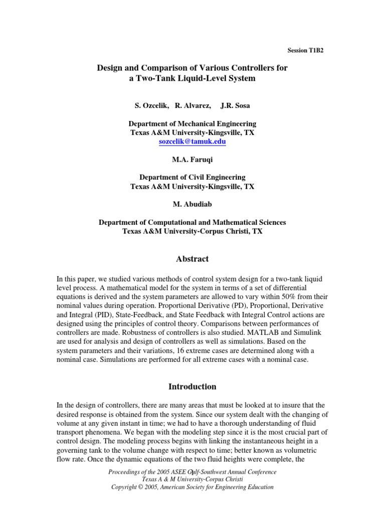 Design and Comparison of Various Controllers For A Two Tank Liquid ...