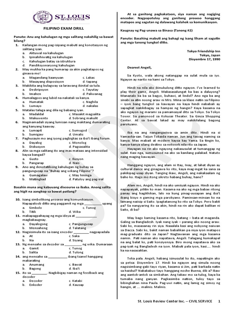 Filipino Exam Drill: St. Louis Review Center Inc. - CIVIL SERVICE 1 | PDF