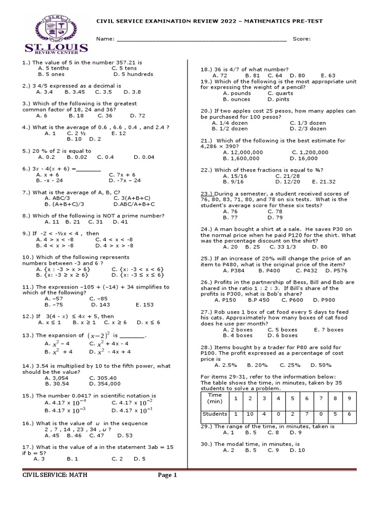 Betantos Math Pretest 2 Pages | PDF | Mathematics