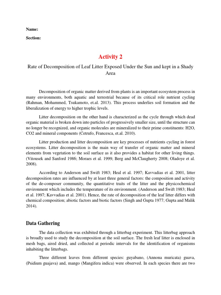 Activity 2 - Rate of Decomposition of Leaf Litter Exposed Under The Sun ...