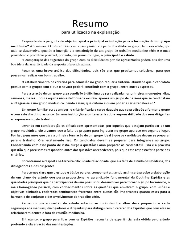 Resumo para o Trabalho Do Dia 29-07-2022 | PDF | Espiritismo | Experiência Resumo para o Trabalho Do Dia 29-07-2022 | PDF | Espiritismo | Experiência