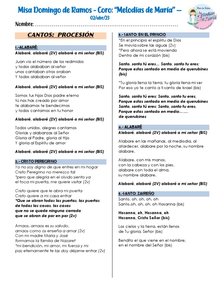 07 - Cantos - Misa Domingo de Ramos-Melodias de Maria | PDF | Cristo (título) | María, madre de ...