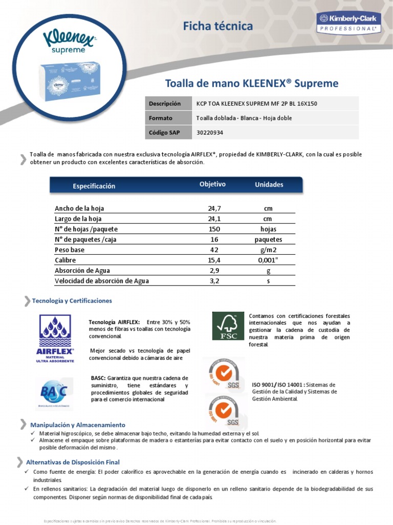Ficha Tec KLEENEX Supreme SAP 30220934 | PDF | Ciencias fisicas | Naturaleza