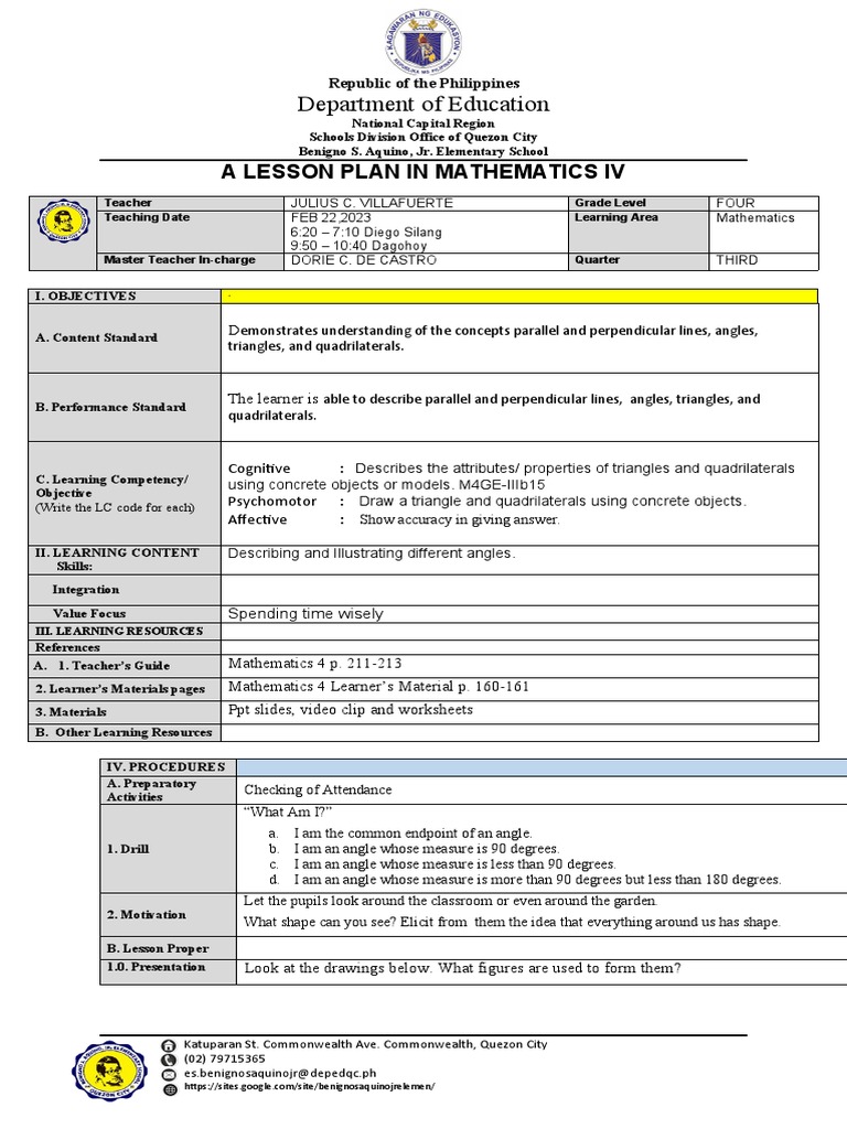 A Lesson Plan In Mathematics Iv Pdf Shape Triangle