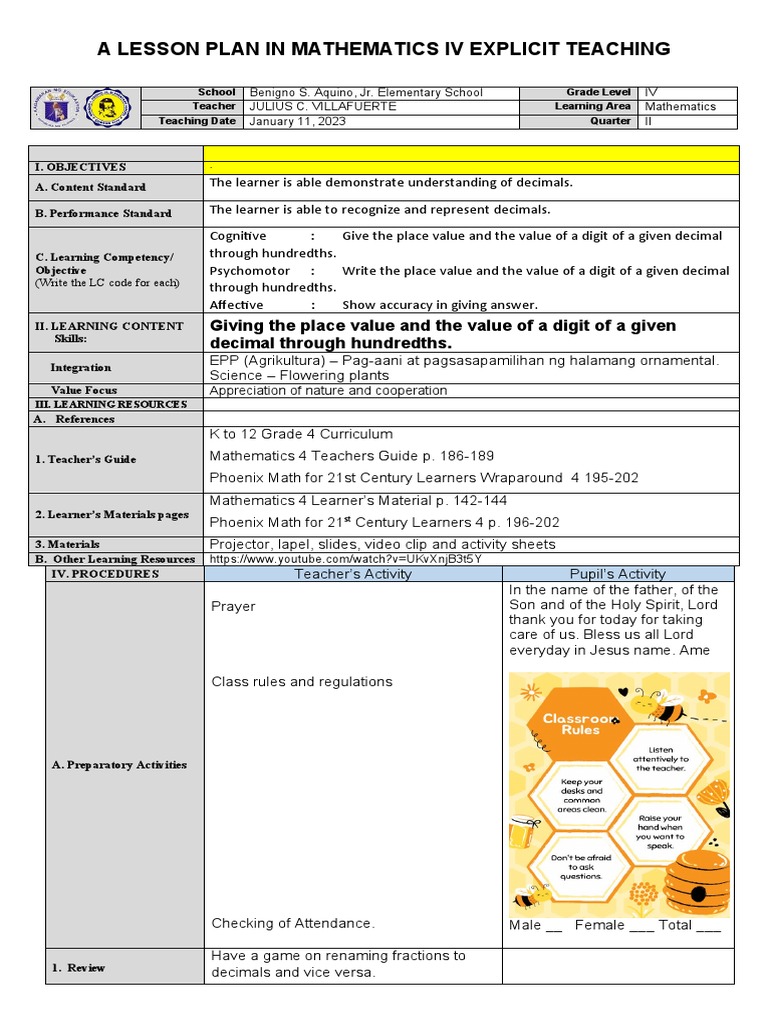 A LESSON PLAN IN MATHEMATICS IV EXPLICIT TEACHIng Place Value and Value of Decimals | PDF ...