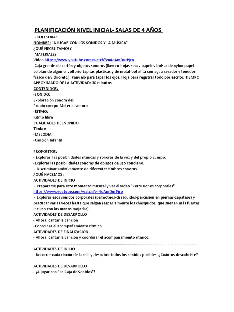Planificación Nivel Inicial | PDF | Sonido | Canciones