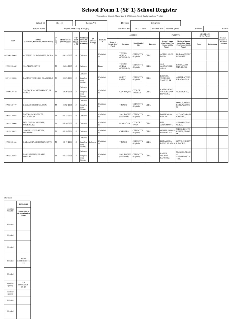 School Form 1 (SF 1) School Register | PDF