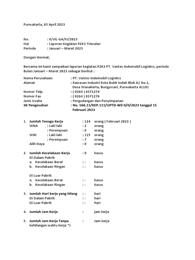 Laporan Per 3 Bulan P2K3 | PDF