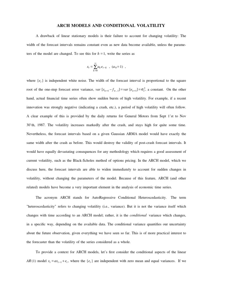 Arch Models and Conditional Volatility: 1, Write The Series As 1) | PDF ...