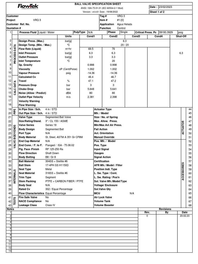 Sizing and Specification Sheet for a Segmented Ball Valve for Water ...