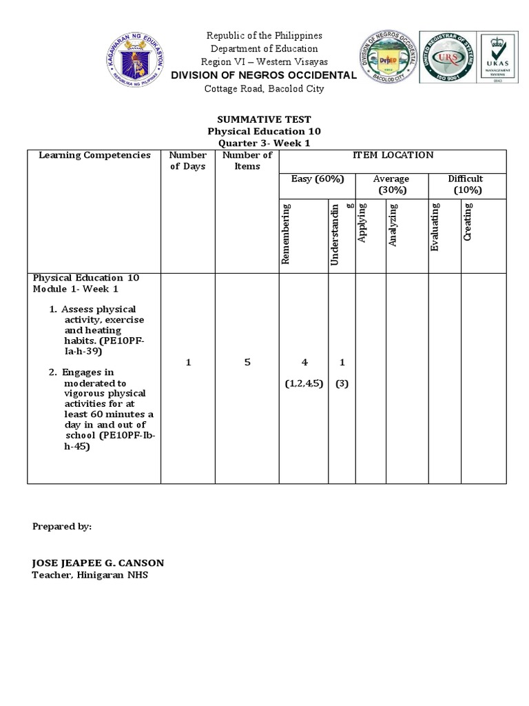 Pe10 Tos Q3 | PDF | Physical Education