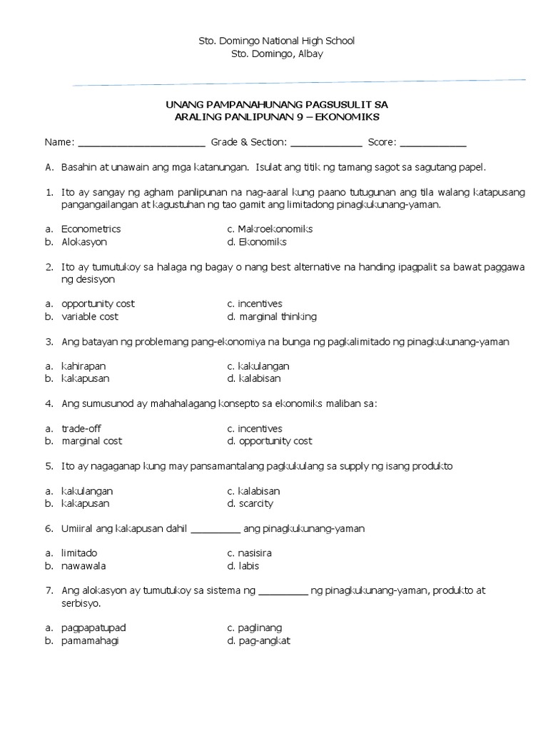 First Quarter Exam - AP 9 | PDF