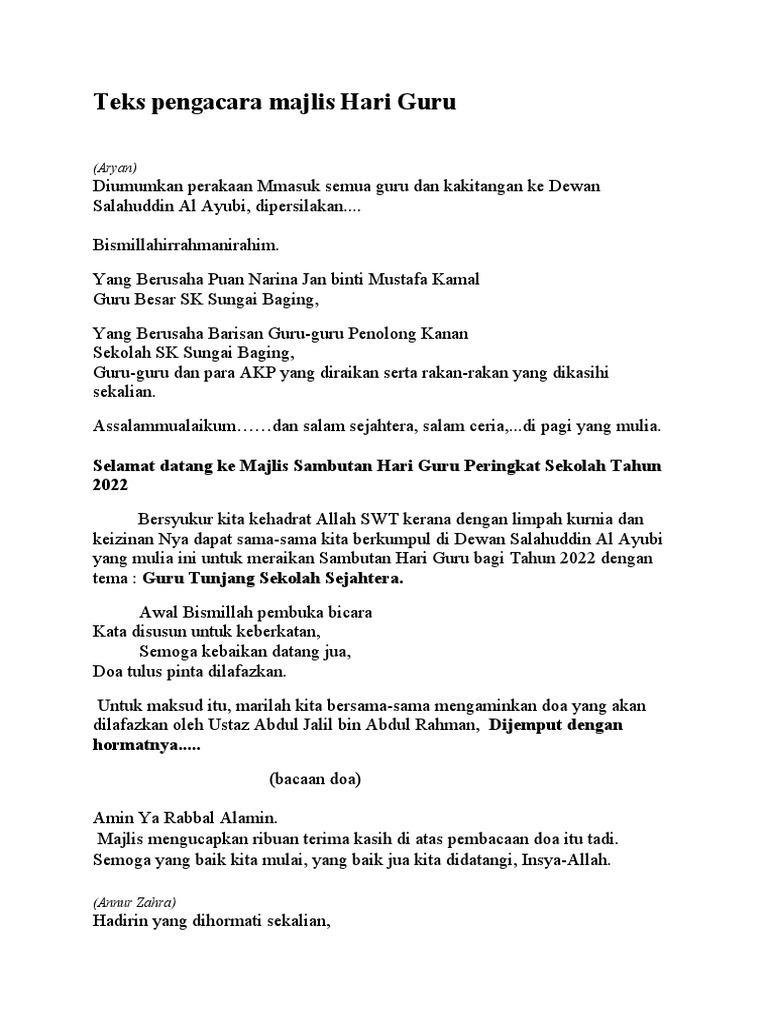 Teks Pengacara Majlis Hari Guru 2022 | PDF