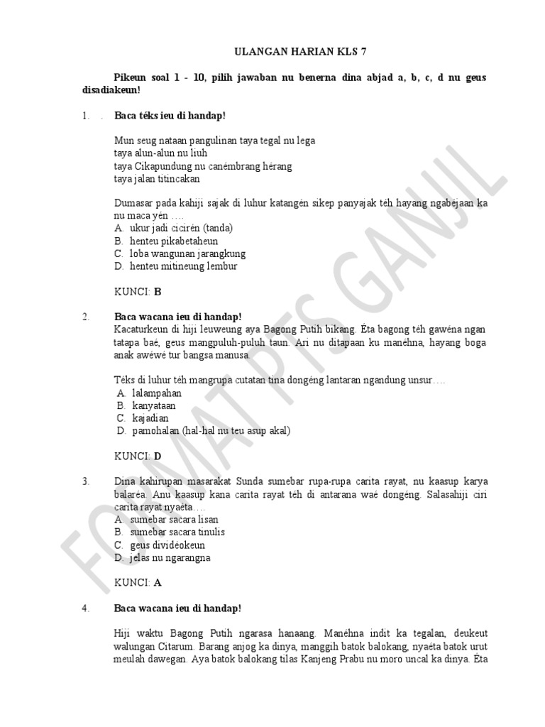 Ulangan Harian Kls 7 Pikeun Soal 1 - 10, Pilih Jawaban Nu Benerna Dina Abjad A, B, C, D Nu Geus ...
